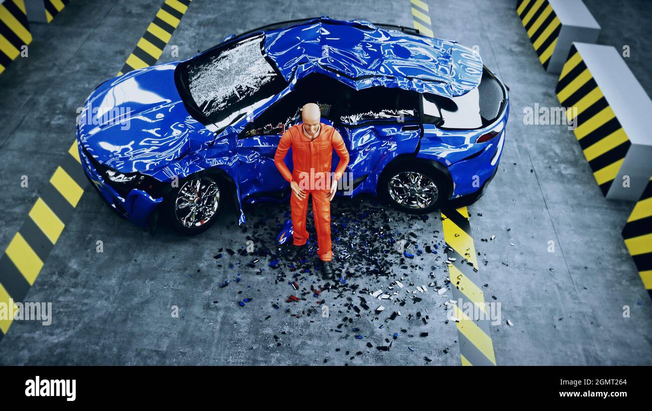 Robot crash test dummy sitting near destroyed car crash test. Future ...