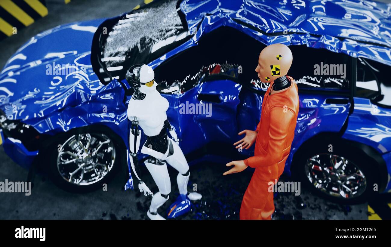 Robot crash test dummy and female robot. Future concept. 3d rendering ...