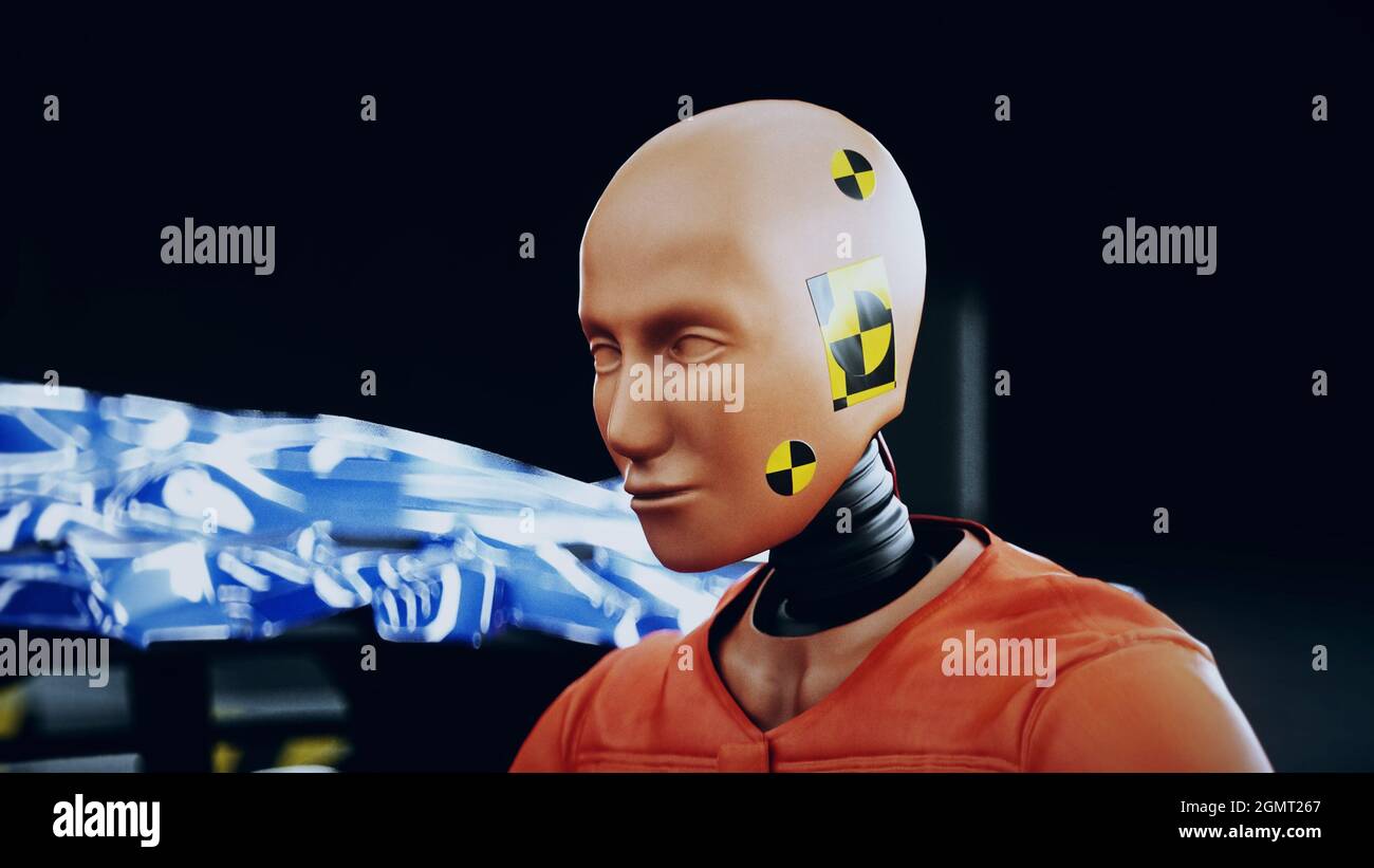 Robot crash test dummy sitting near destroyed car crash test. Future ...