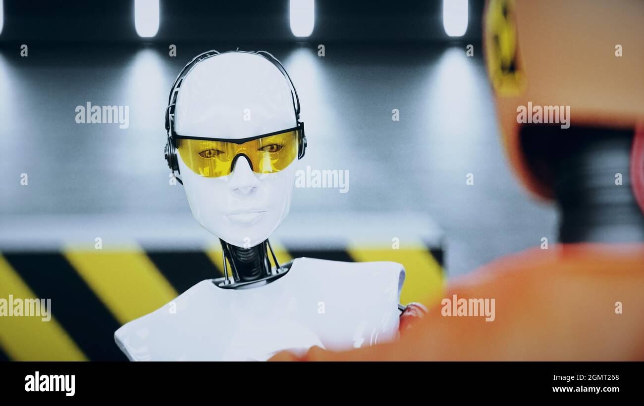 Robot crash test dummy and female robot. Future concept. 3d rendering ...