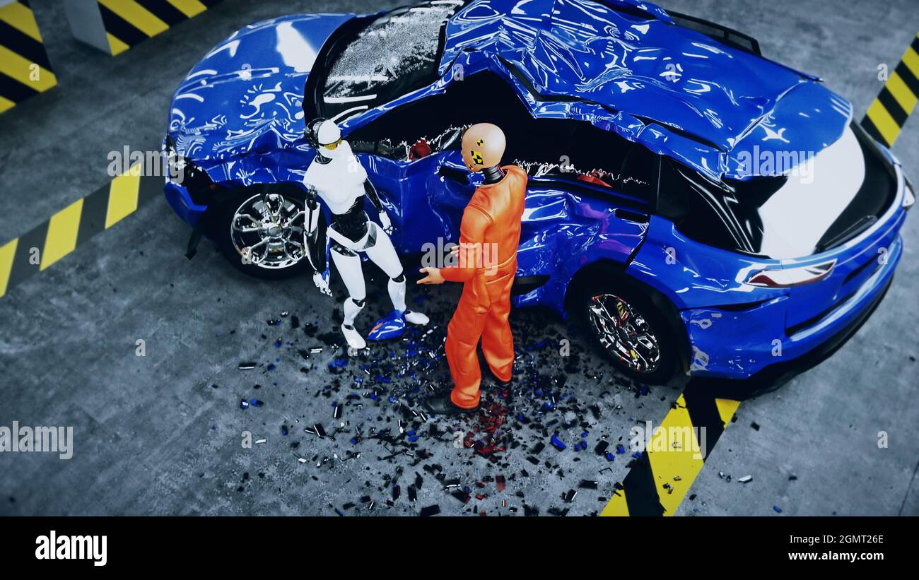Robot crash test dummy and female robot. Future concept. 3d rendering ...