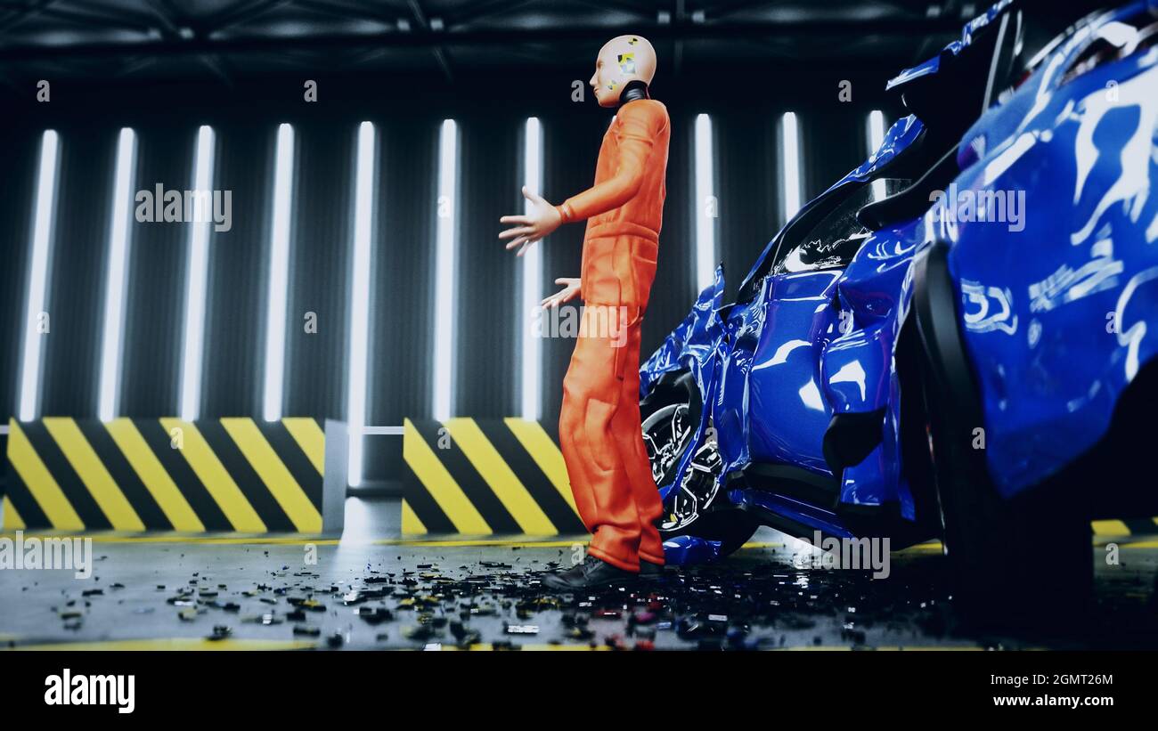 Robot crash test dummy sitting near destroyed car crash test. Future ...
