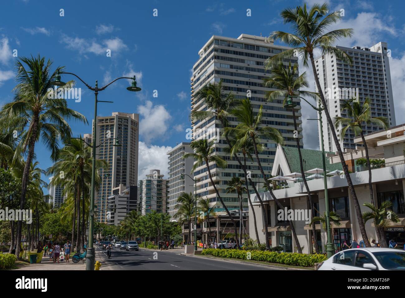Scenic urban Waikiki Beach vista on a beautiful Hawaiian afternoon ...