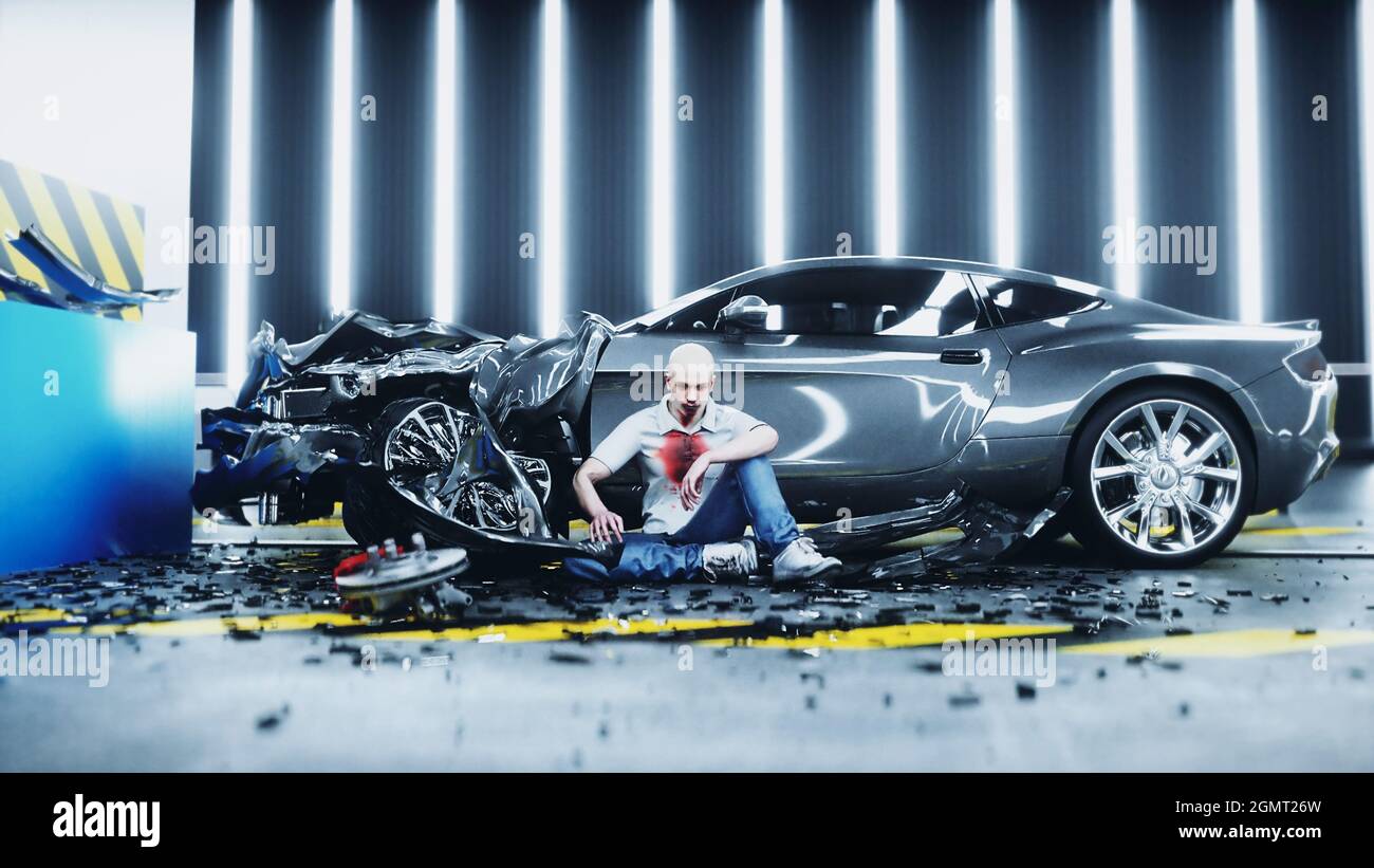 Human crash test dummy sitting near destroyed car crash test. Future ...