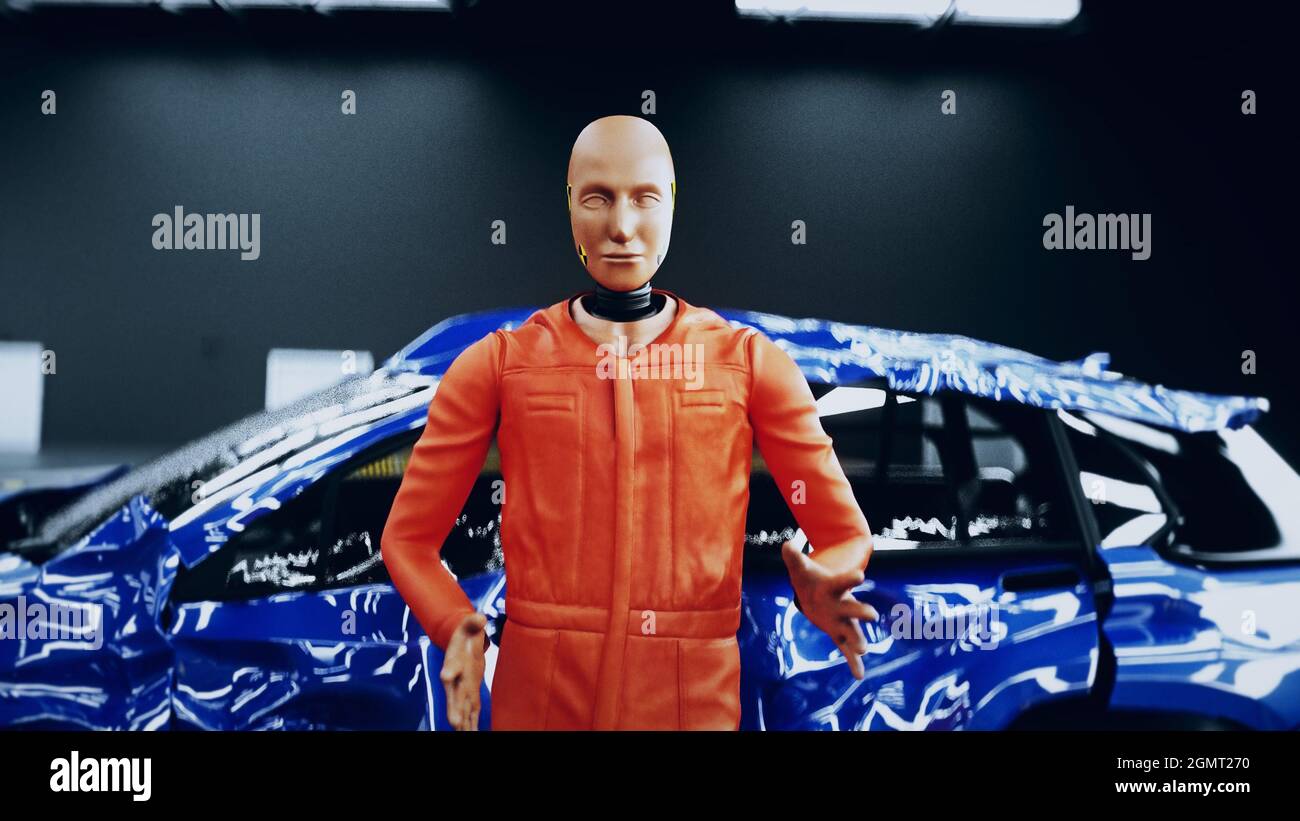 Robot crash test dummy sitting near destroyed car crash test. Future ...