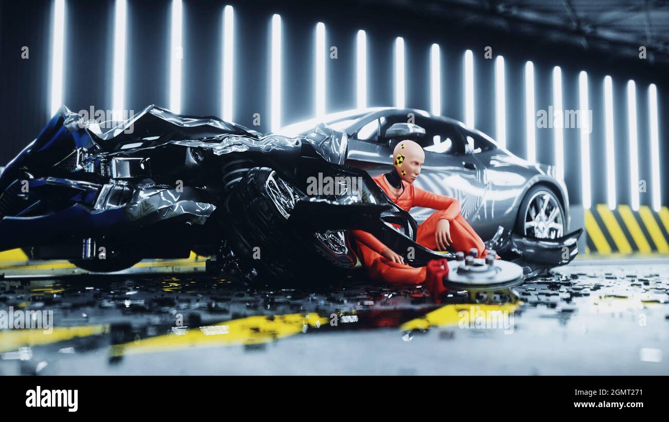 Robot crash test dummy sitting near destroyed car crash test. Future ...