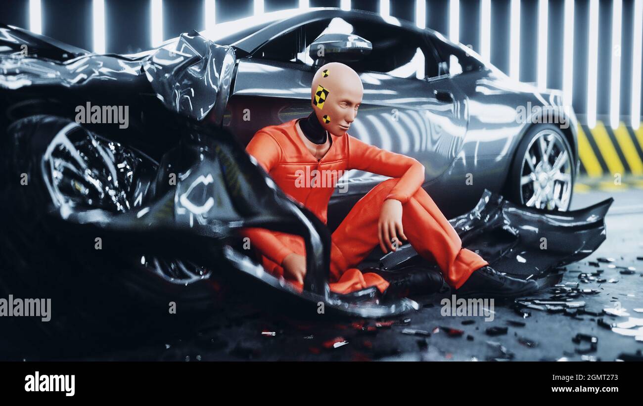 Robot crash test dummy sitting near destroyed car crash test. Future ...