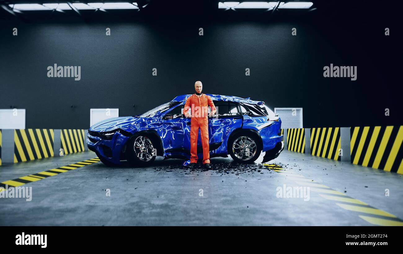 Robot crash test dummy sitting near destroyed car crash test. Future ...