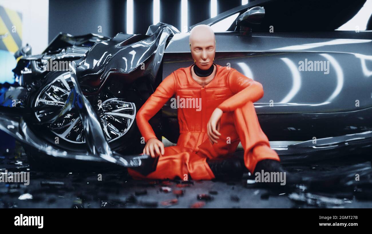 Robot crash test dummy sitting near destroyed car crash test. Future ...