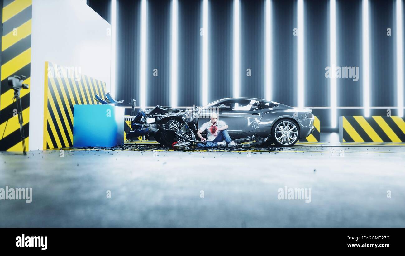 Human crash test dummy sitting near destroyed car crash test. Future ...