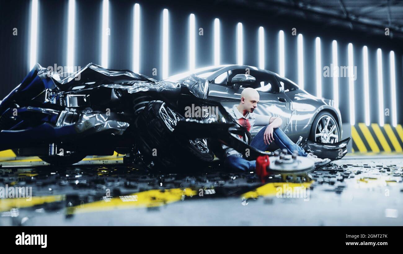 Human crash test dummy sitting near destroyed car crash test. Future ...