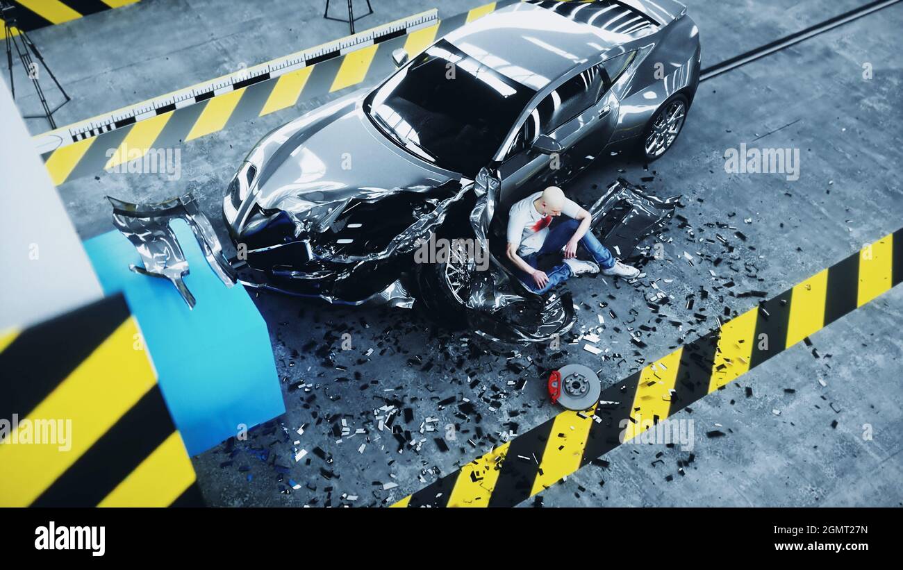 Human crash test dummy sitting near destroyed car crash test. Future ...