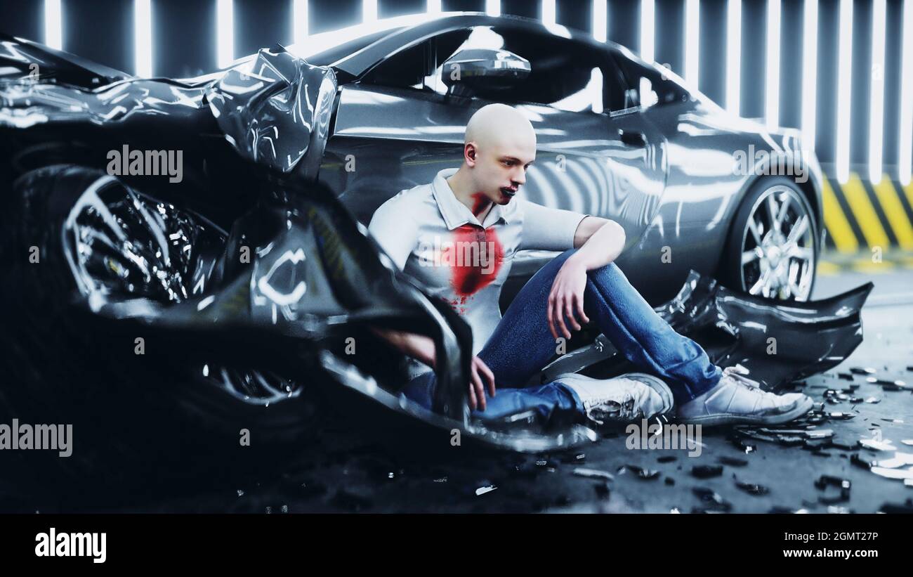 Human crash test dummy sitting near destroyed car crash test. Future ...