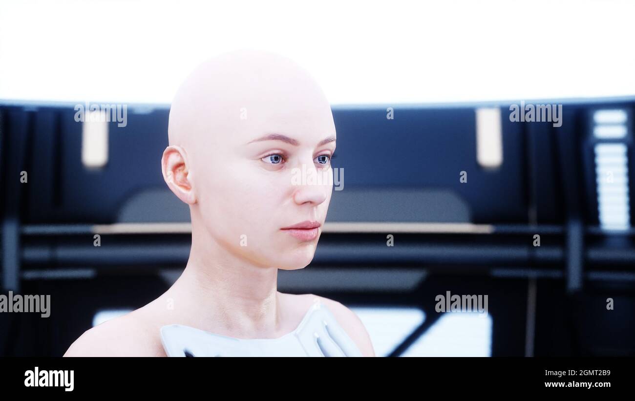 Female robotic droid in sci fi futuristic metall room. Future concept ...