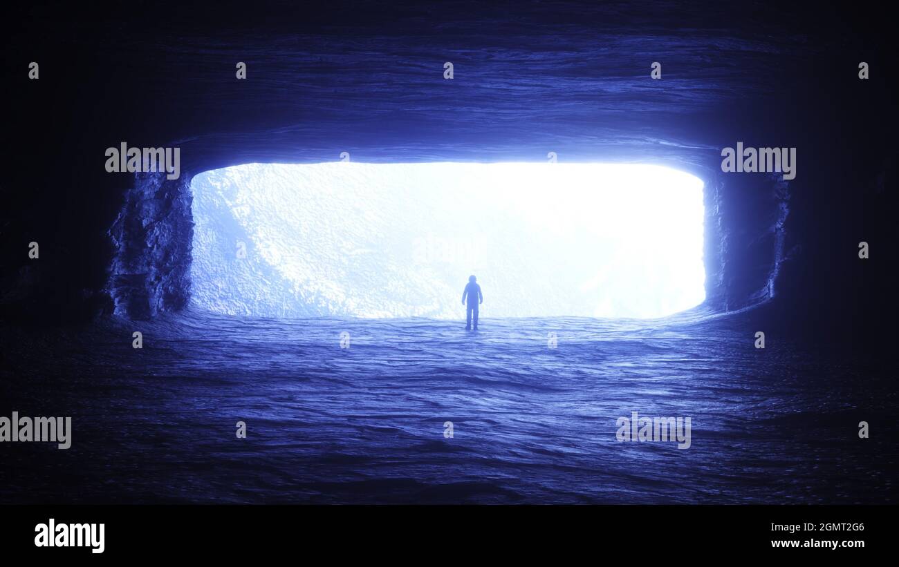 Alone astronaut in space rock cave. Space view. 3d rendering Stock ...