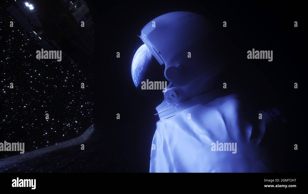 Alone astronaut in space rock cave. Space view. 3d rendering Stock ...