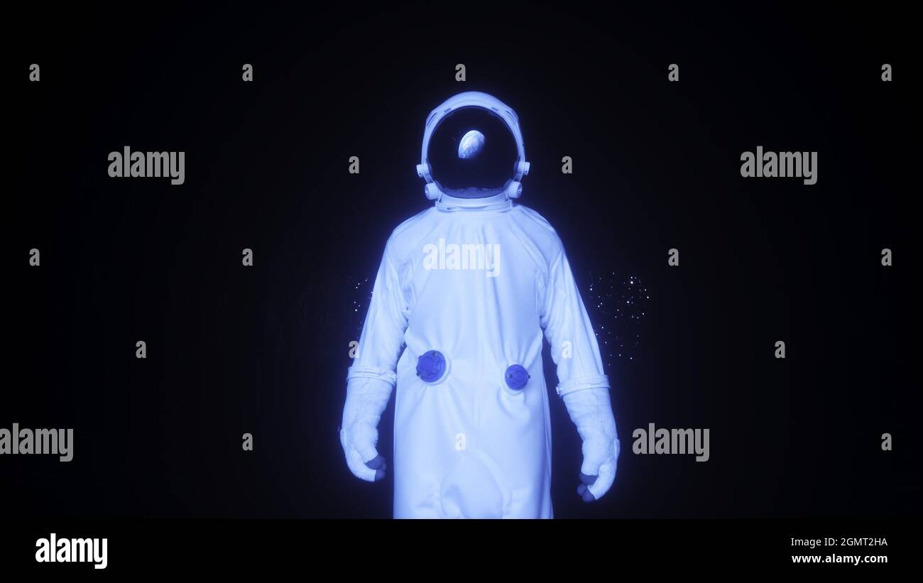 Alone astronaut in space rock cave. Space view. 3d rendering Stock ...