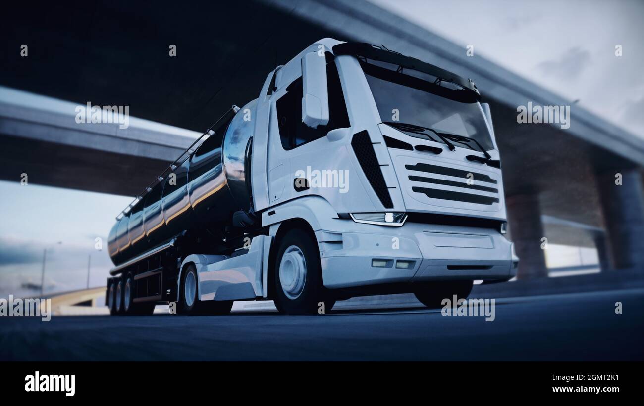 Oil truck on highway. Very fast driving. Delivery concept. 3d rendering ...