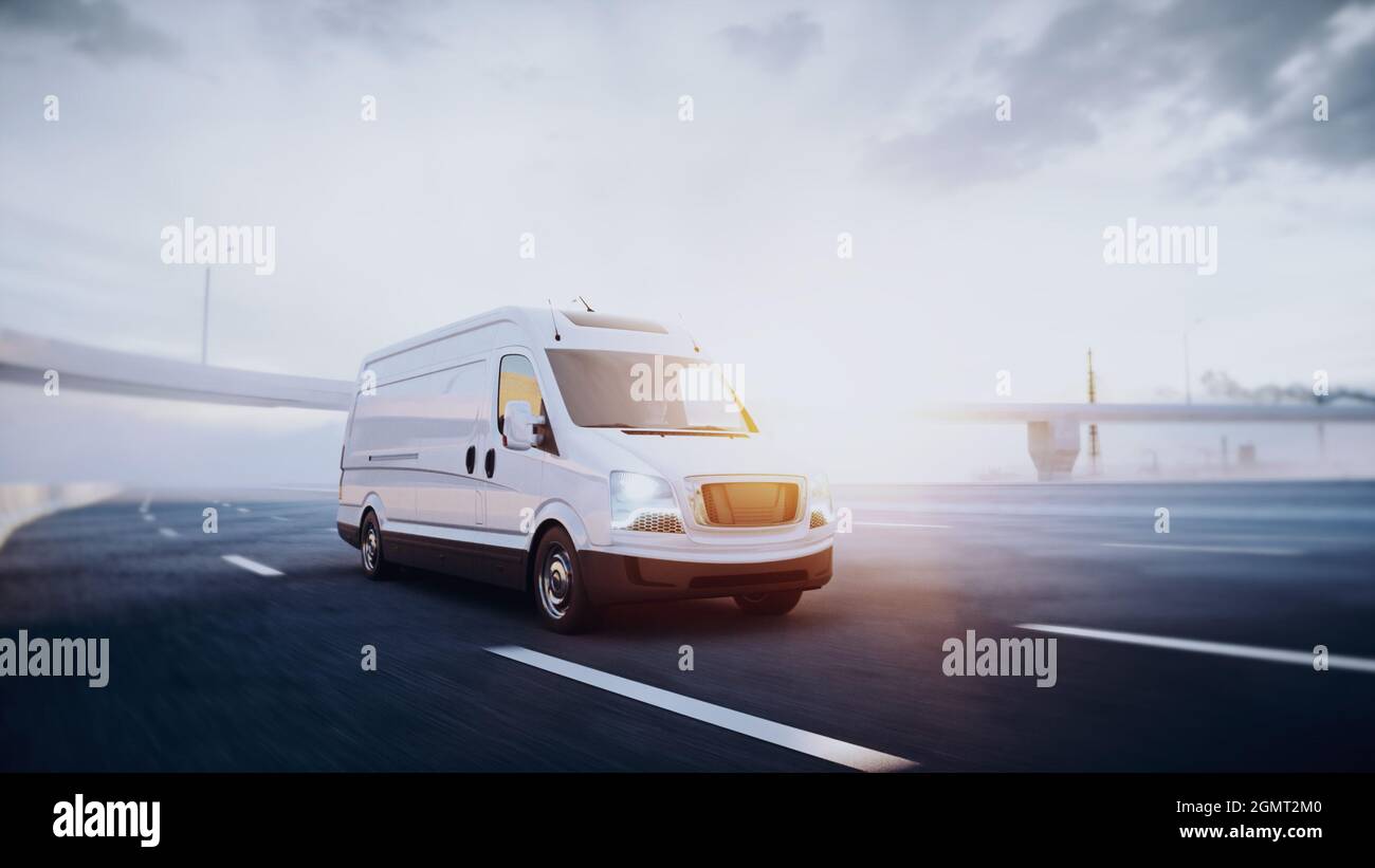 White delivery van on highway. Very fast driving. Delivery concept. 3d ...