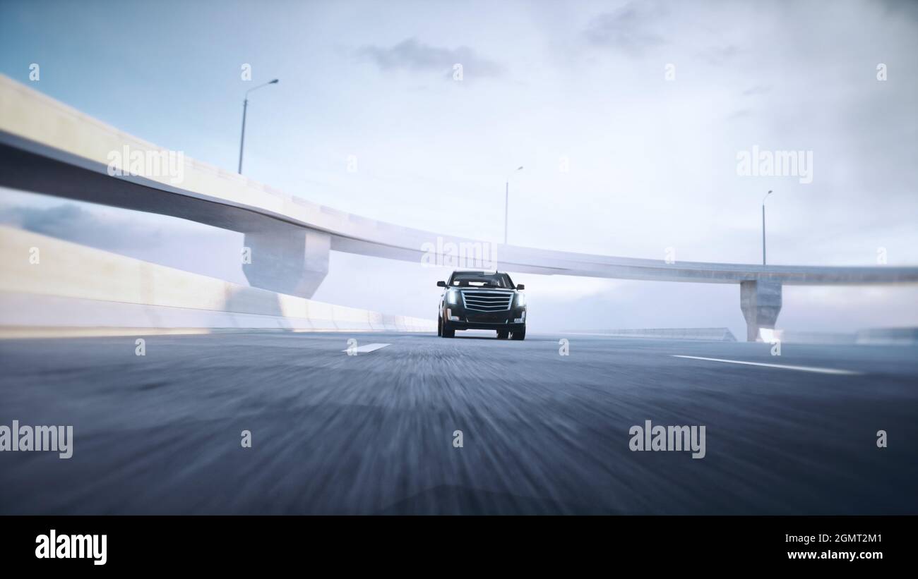 Luxury black car on highway. Very fast driving. 3d rendering Stock ...