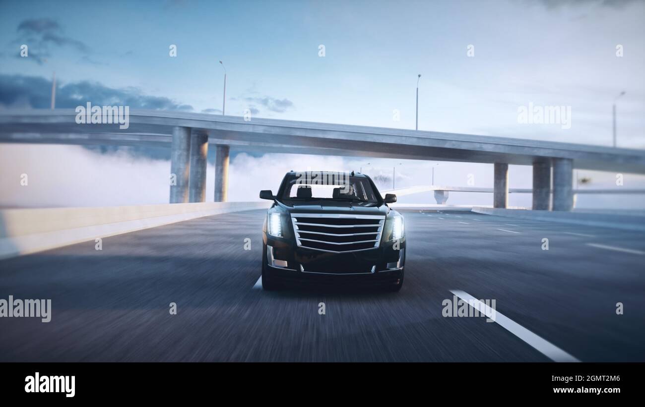 Luxury black car on highway. Very fast driving. 3d rendering Stock ...