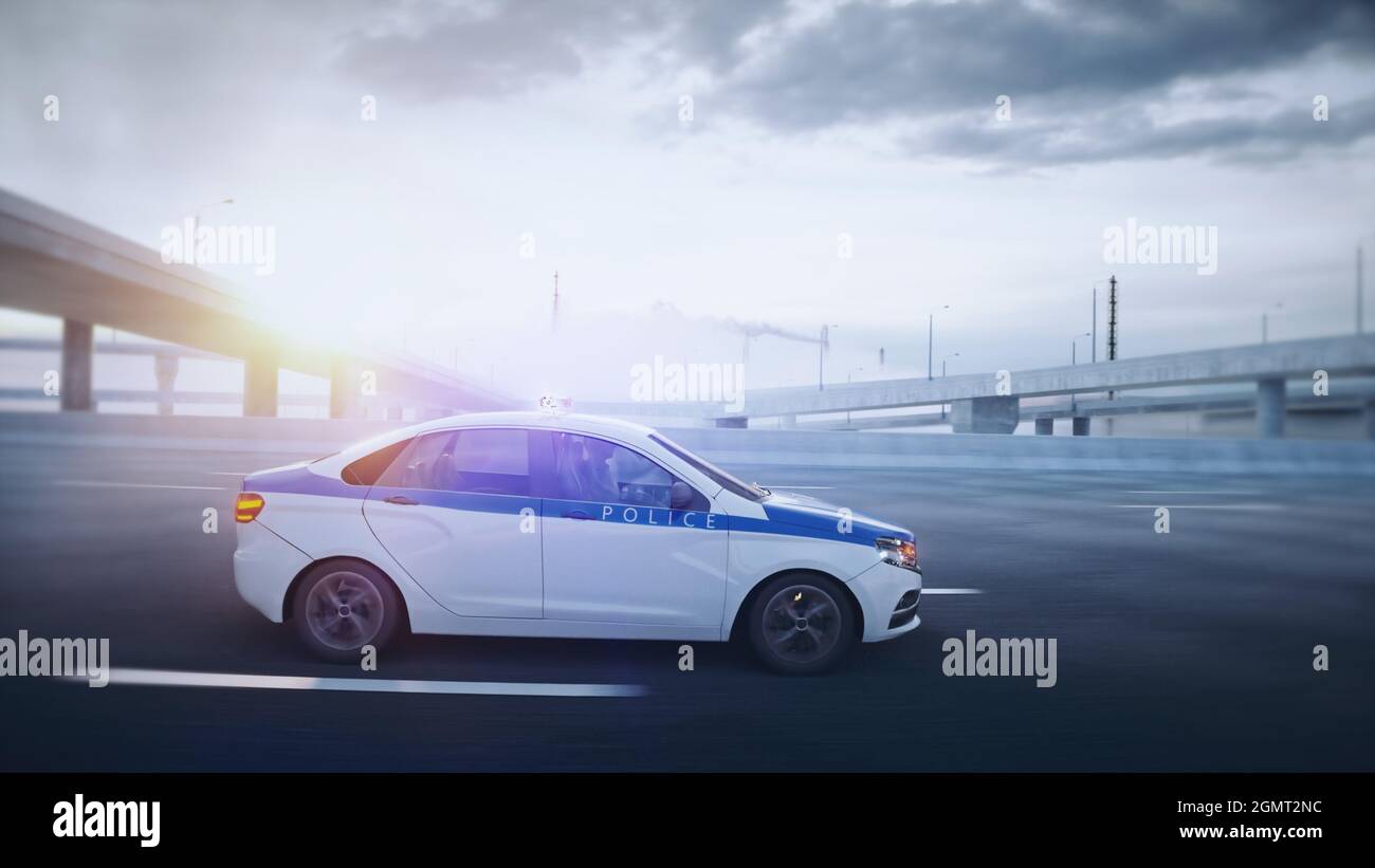 Police car on highway. Very fast driving. 3d rendering Stock Photo - Alamy