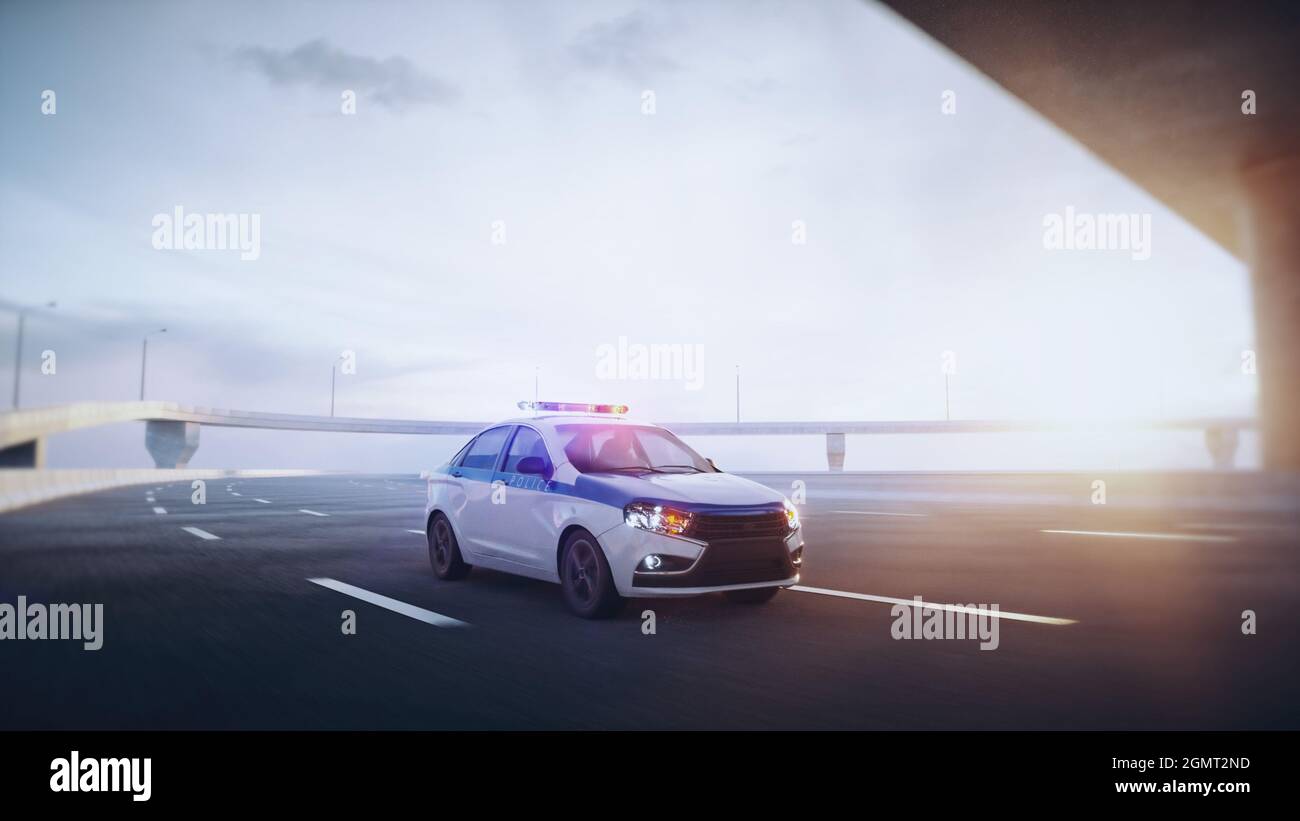 Police car on highway. Very fast driving. 3d rendering Stock Photo - Alamy