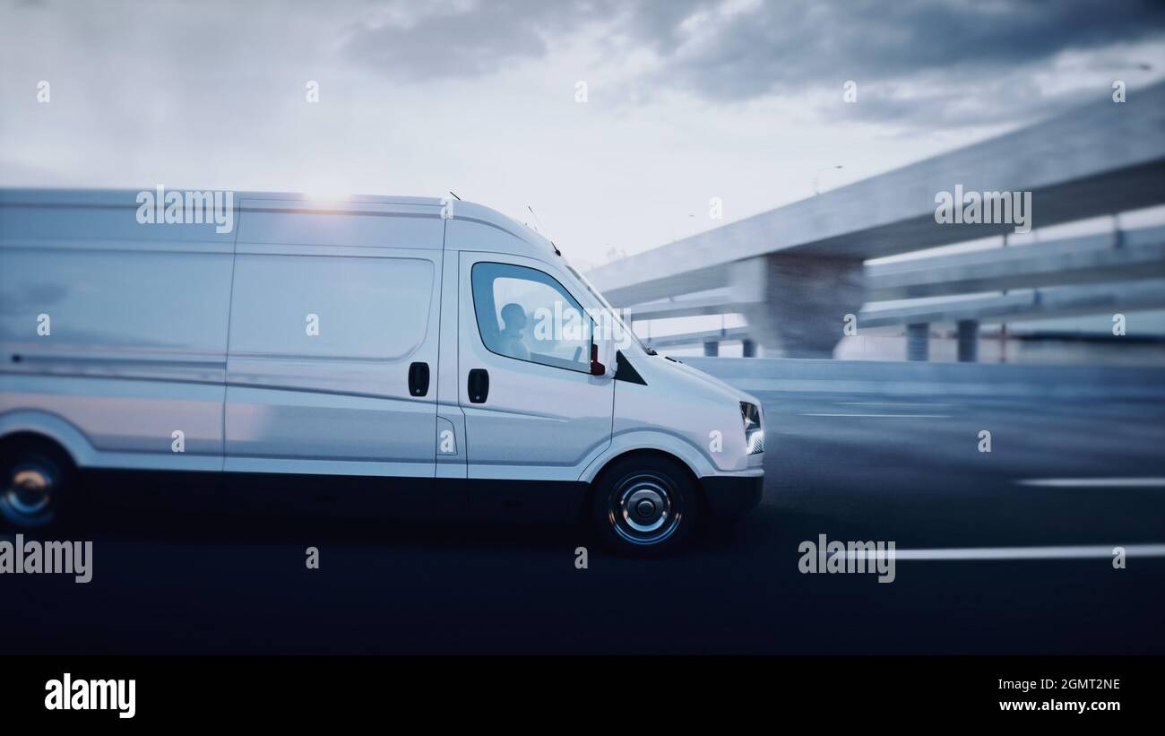 White delivery van on highway. Very fast driving. Delivery concept. 3d ...