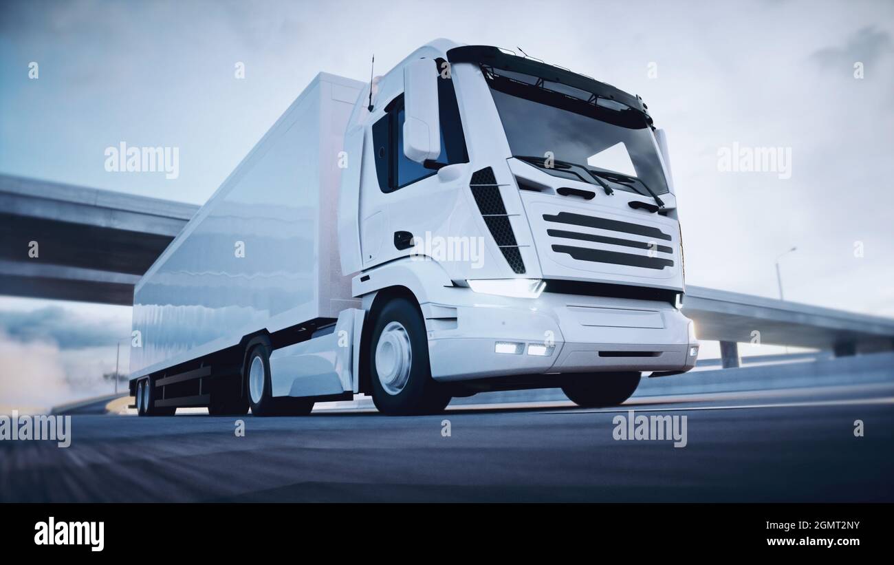 White delivery truck on highway. Very fast driving. Delivery concept ...