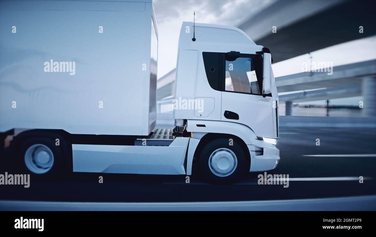 White delivery truck on highway. Very fast driving. Delivery concept ...