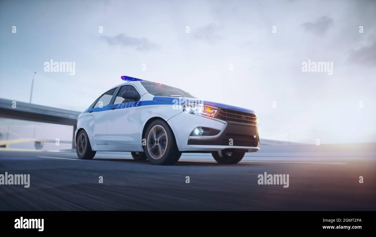 Police car on highway. Very fast driving. 3d rendering Stock Photo - Alamy