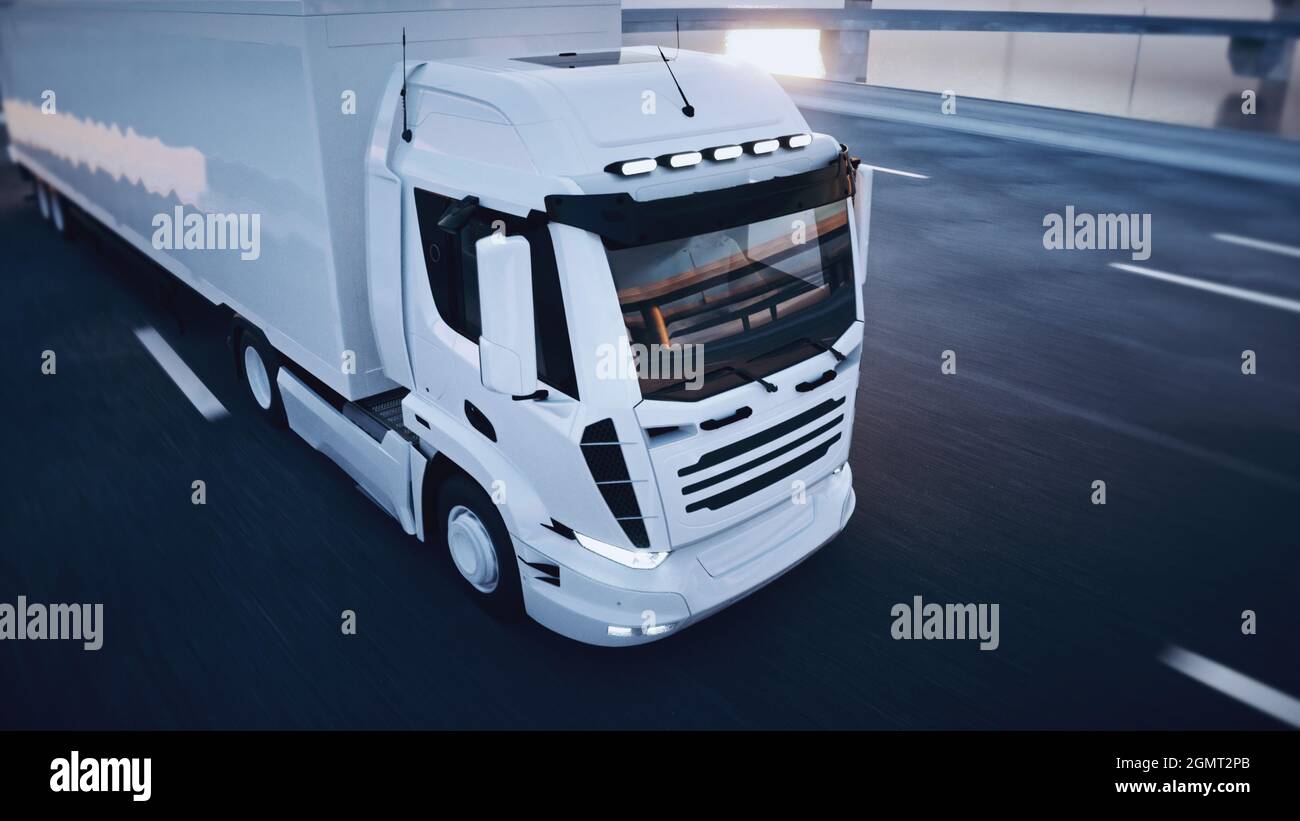 White delivery truck on highway. Very fast driving. Delivery concept ...