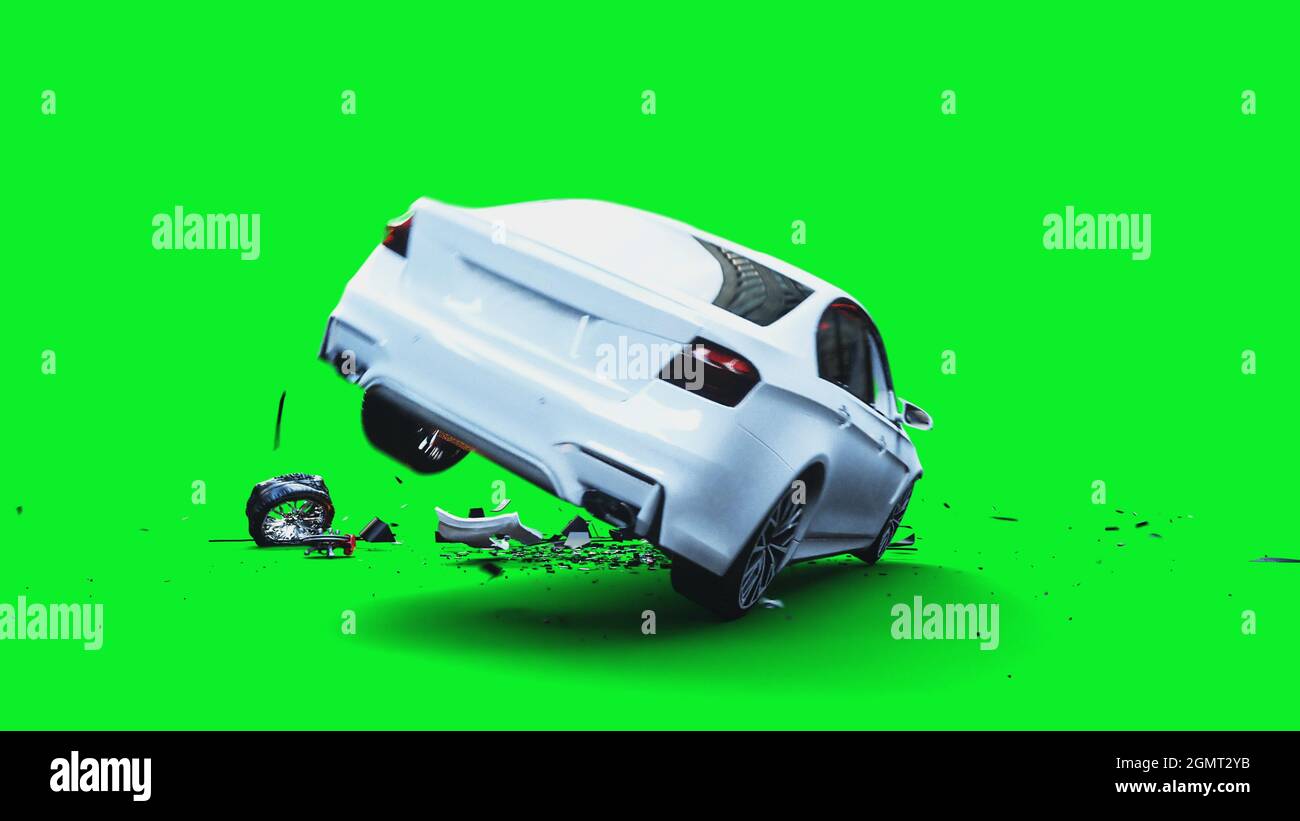 white generic 3d car crashes into invisible wall. Car accident concept ...