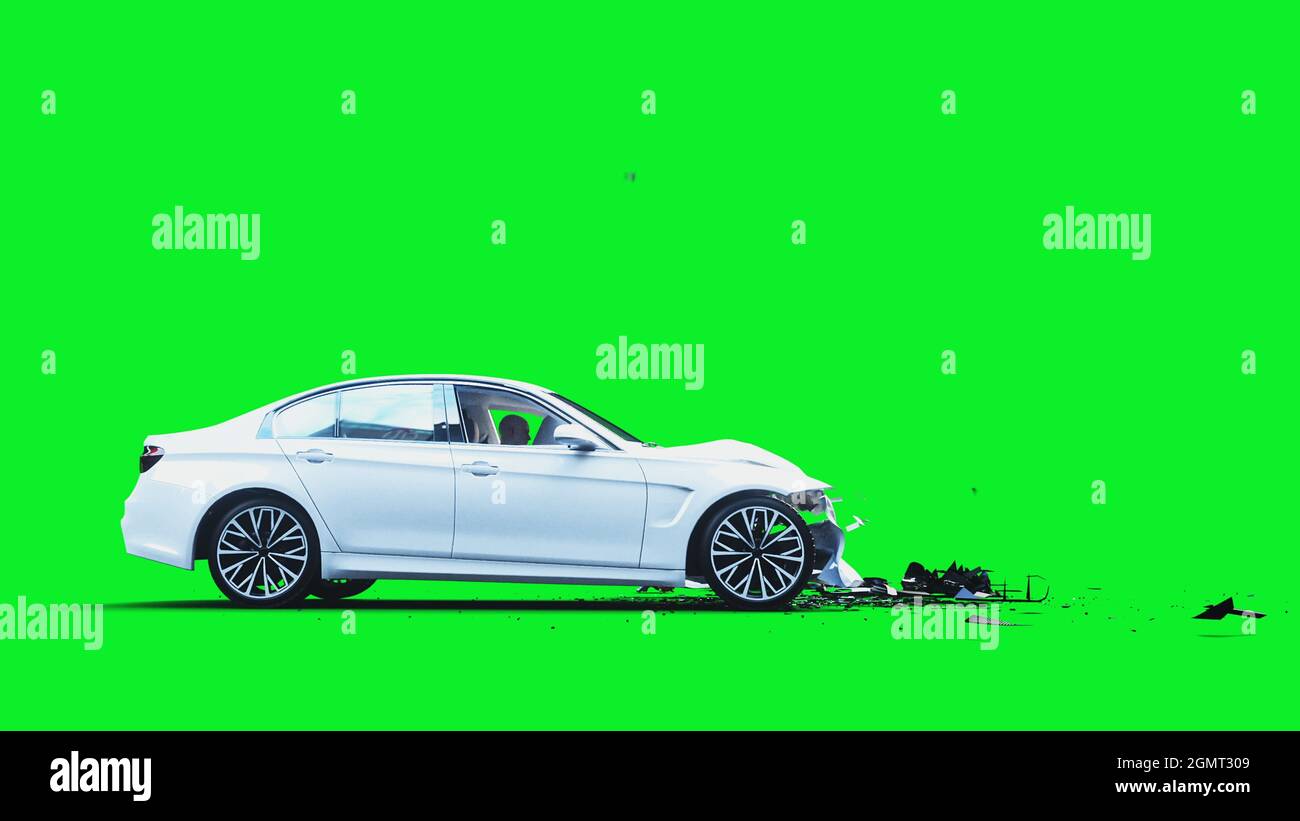 white generic 3d car crashes into invisible wall. Car accident concept ...