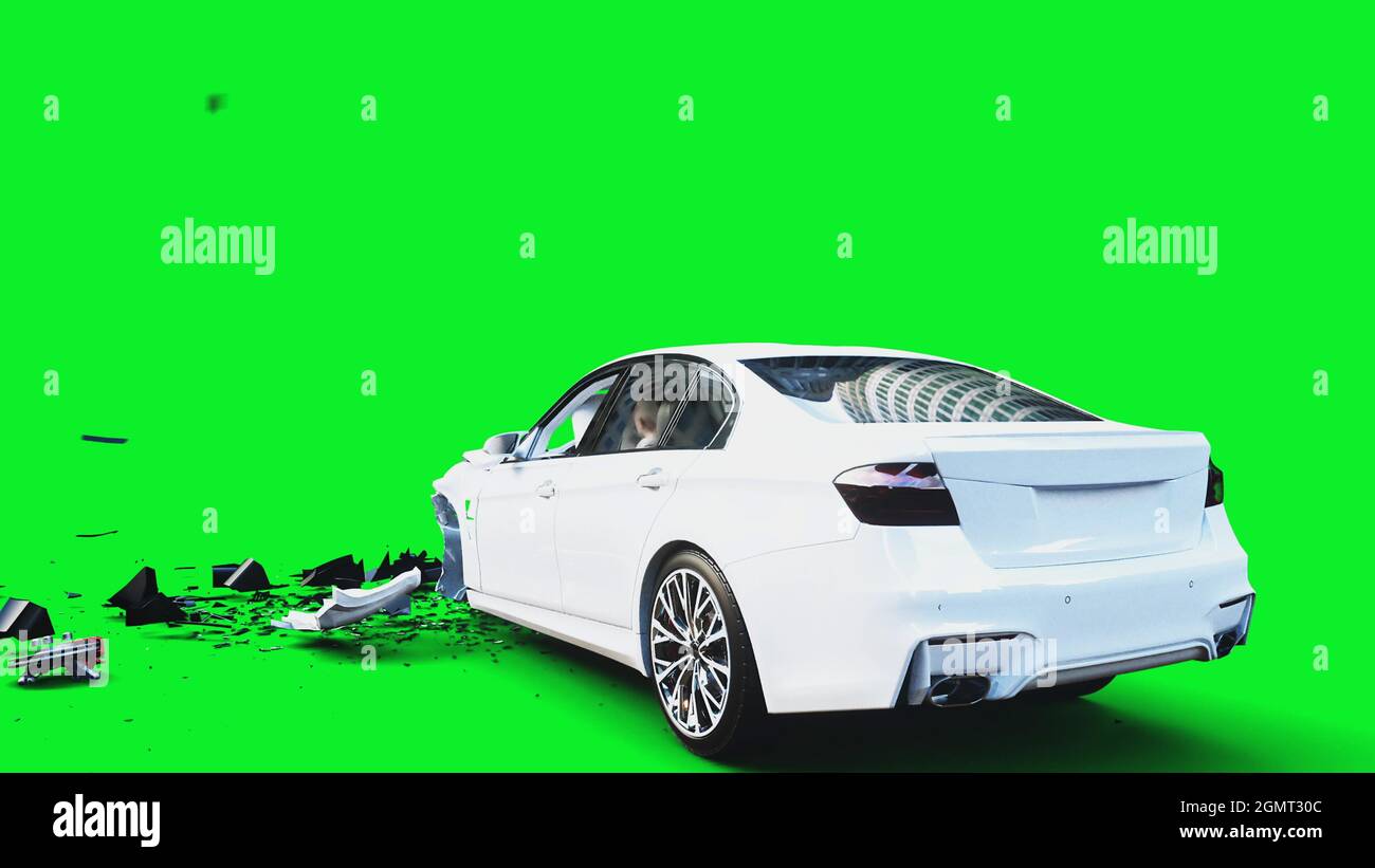 white generic 3d car crashes into invisible wall. Car accident concept ...