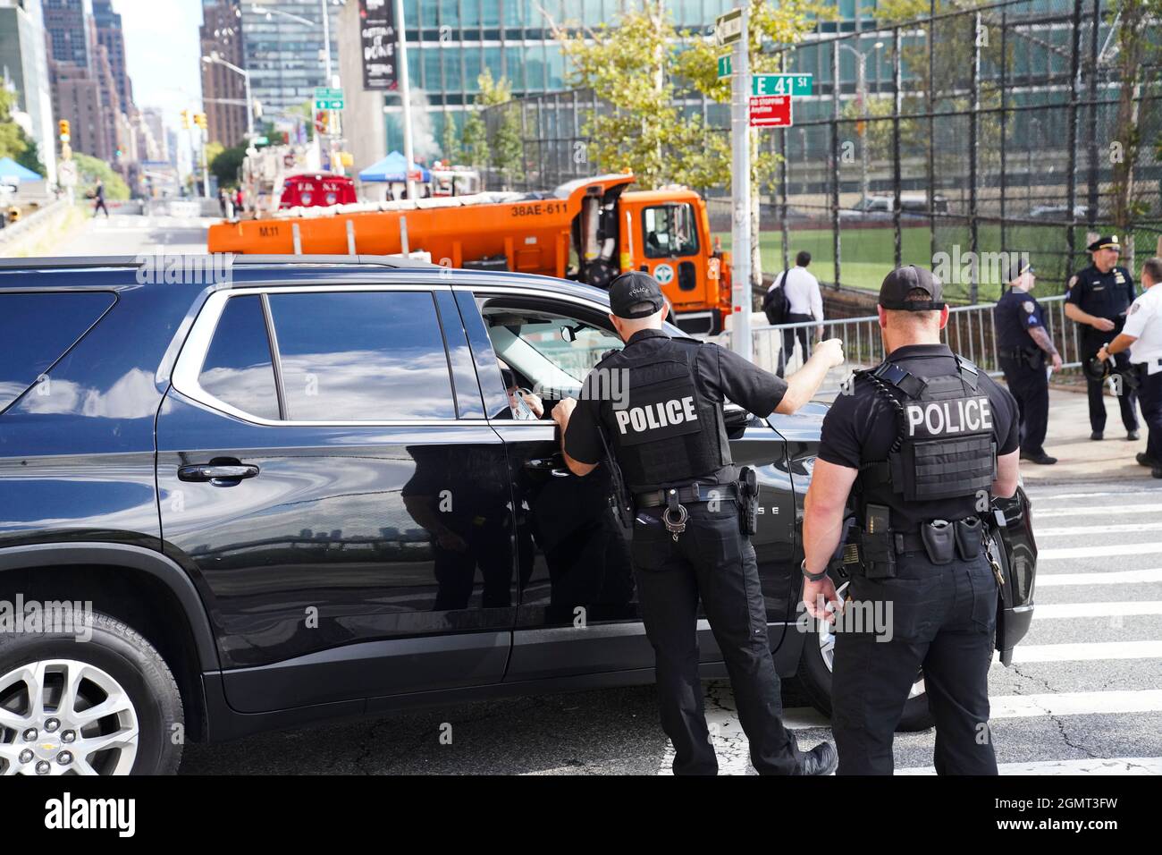 United Nations. 20th Sep, 2021. Police check a vehicle on a street near ...