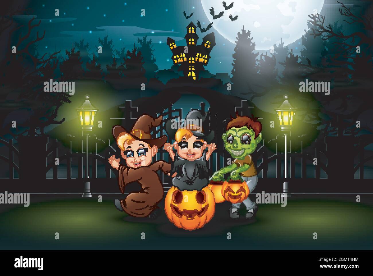 Happy kids wearing halloween costume outdoors at night Stock Vector ...
