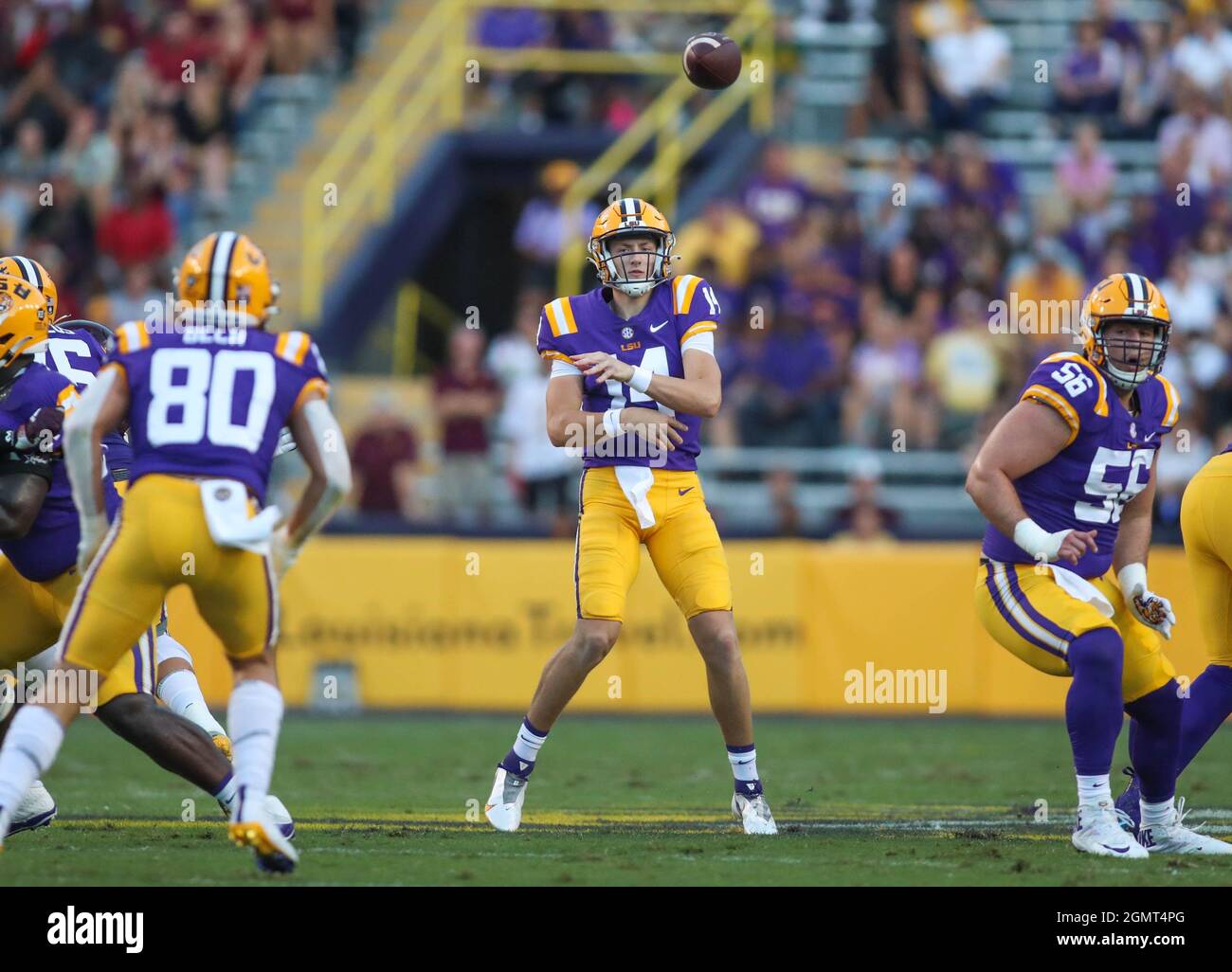 Baton Rouge, LA, USA. 18th Sep, 2021. LSU quarterback Max Johnson (14 ...
