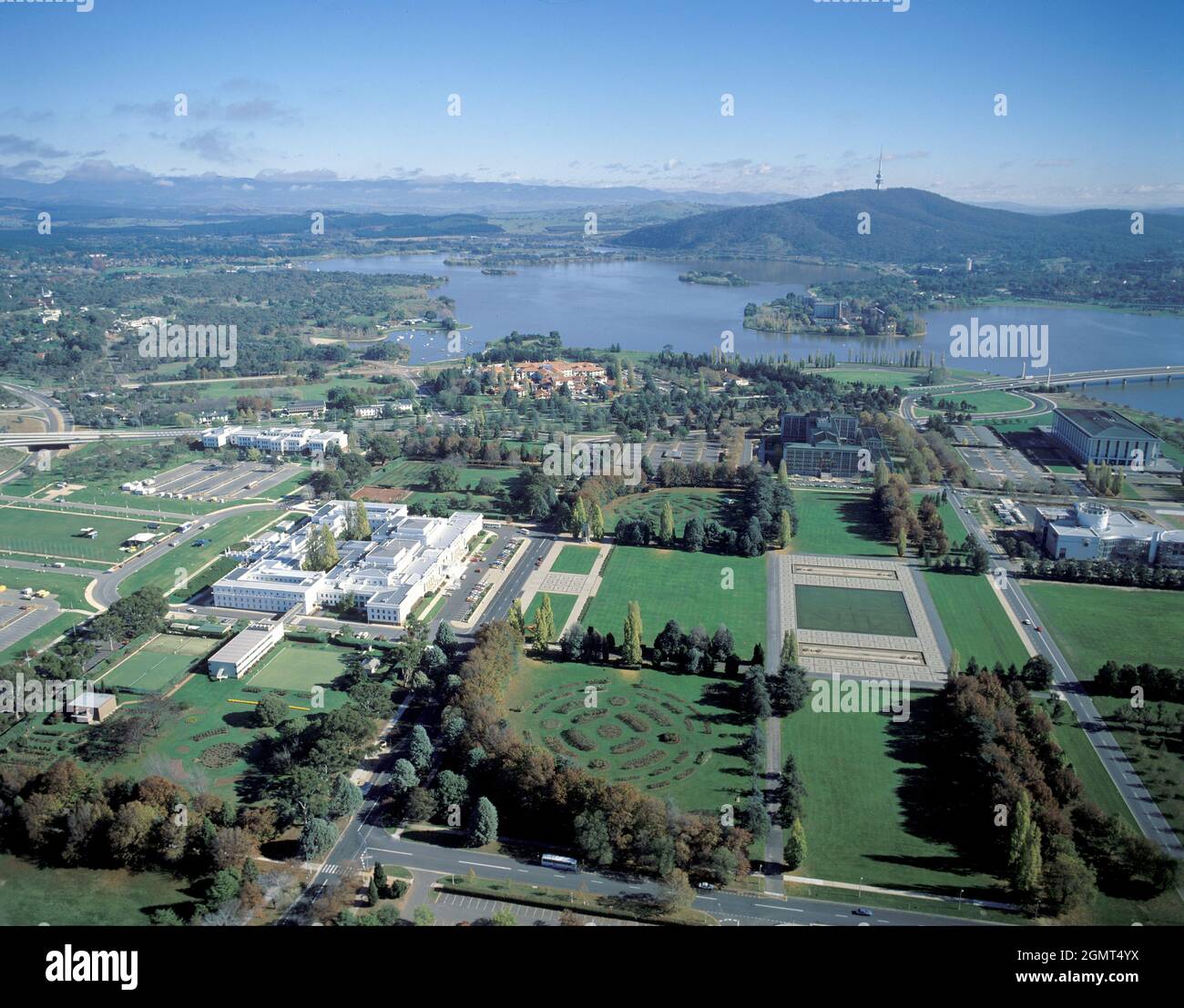 Aerial view of the city of Canberra showing the old Parliament house and Lake Burley Griffin ...