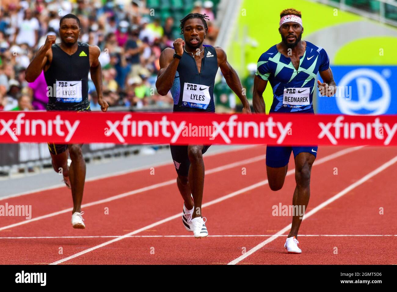 Noah Lyles (CAN) finishes the 200m in 19.52 during the 46th Prefontaine ...