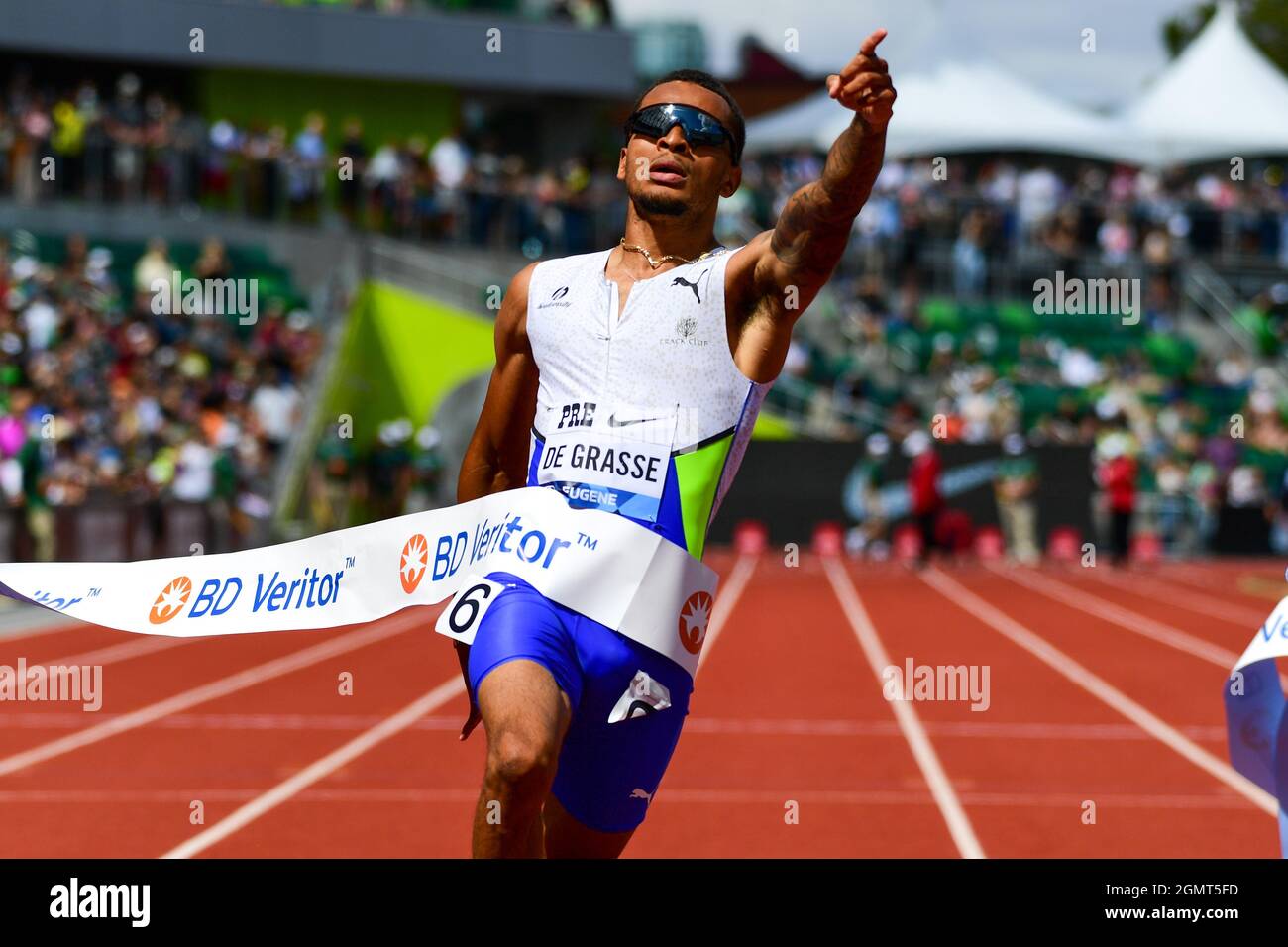 Andre De Grasse (CAN) finishes in 9.74 during the 46th Prefontaine ...