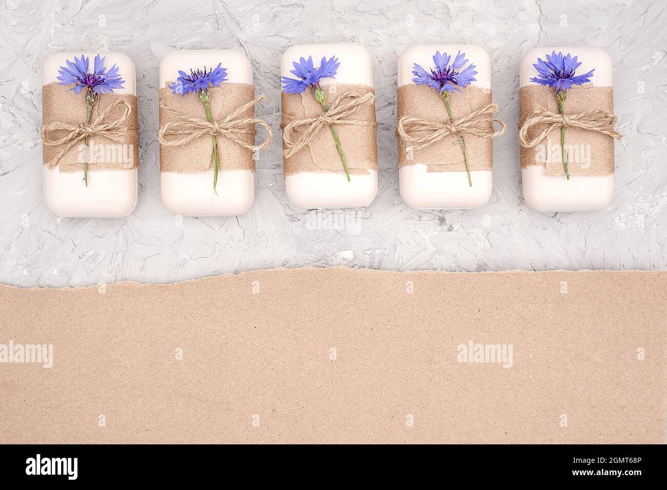 Handmade natural soap set decorated with craft paper, scourge and blue ...
