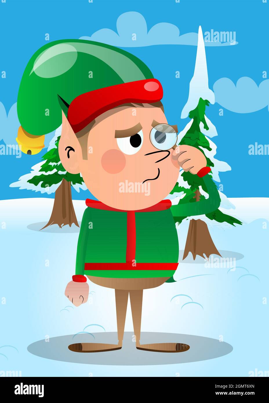 Christmas Elf holding a magnifying glass. Vector cartoon character ...