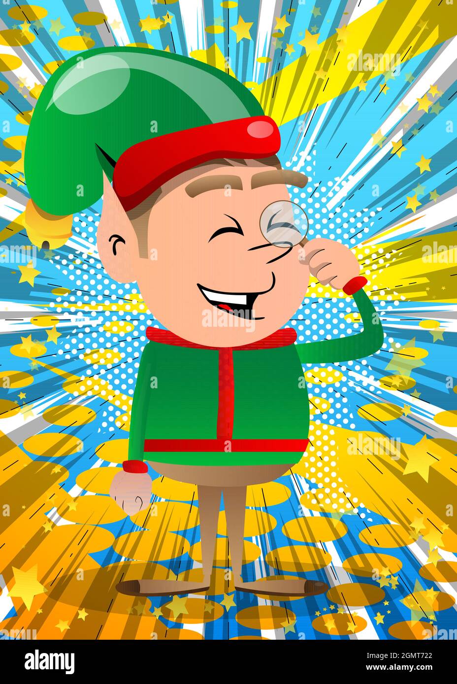 Christmas Elf holding a magnifying glass. Vector cartoon character ...