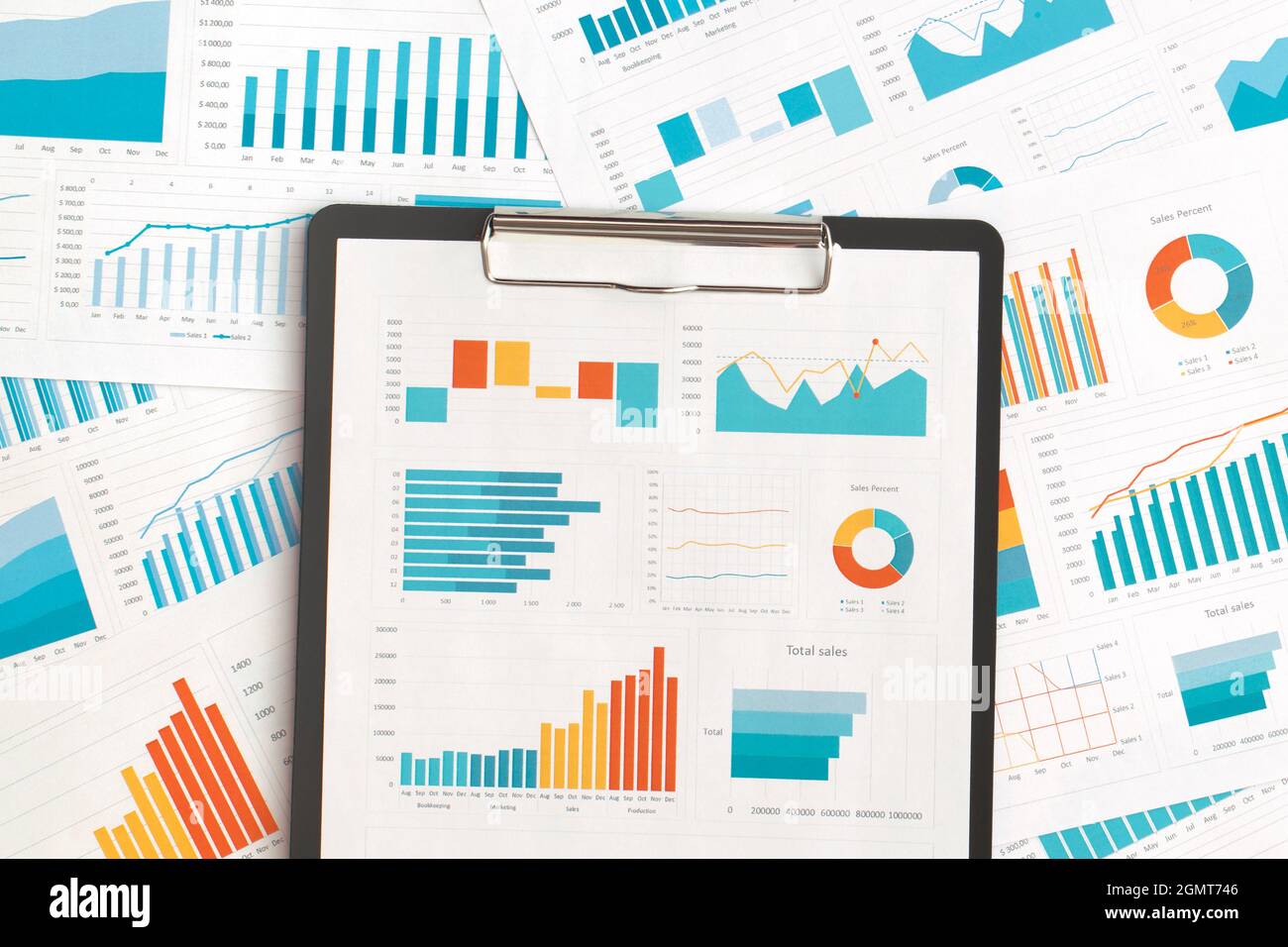 Business graphs and charts on table. Financial development, Banking ...