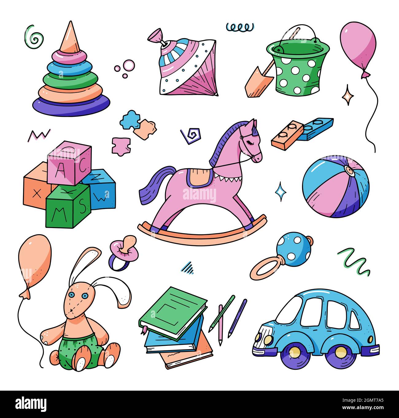 Hand drawn kids doodle set, doodle style. Vector colorful Illustration ...