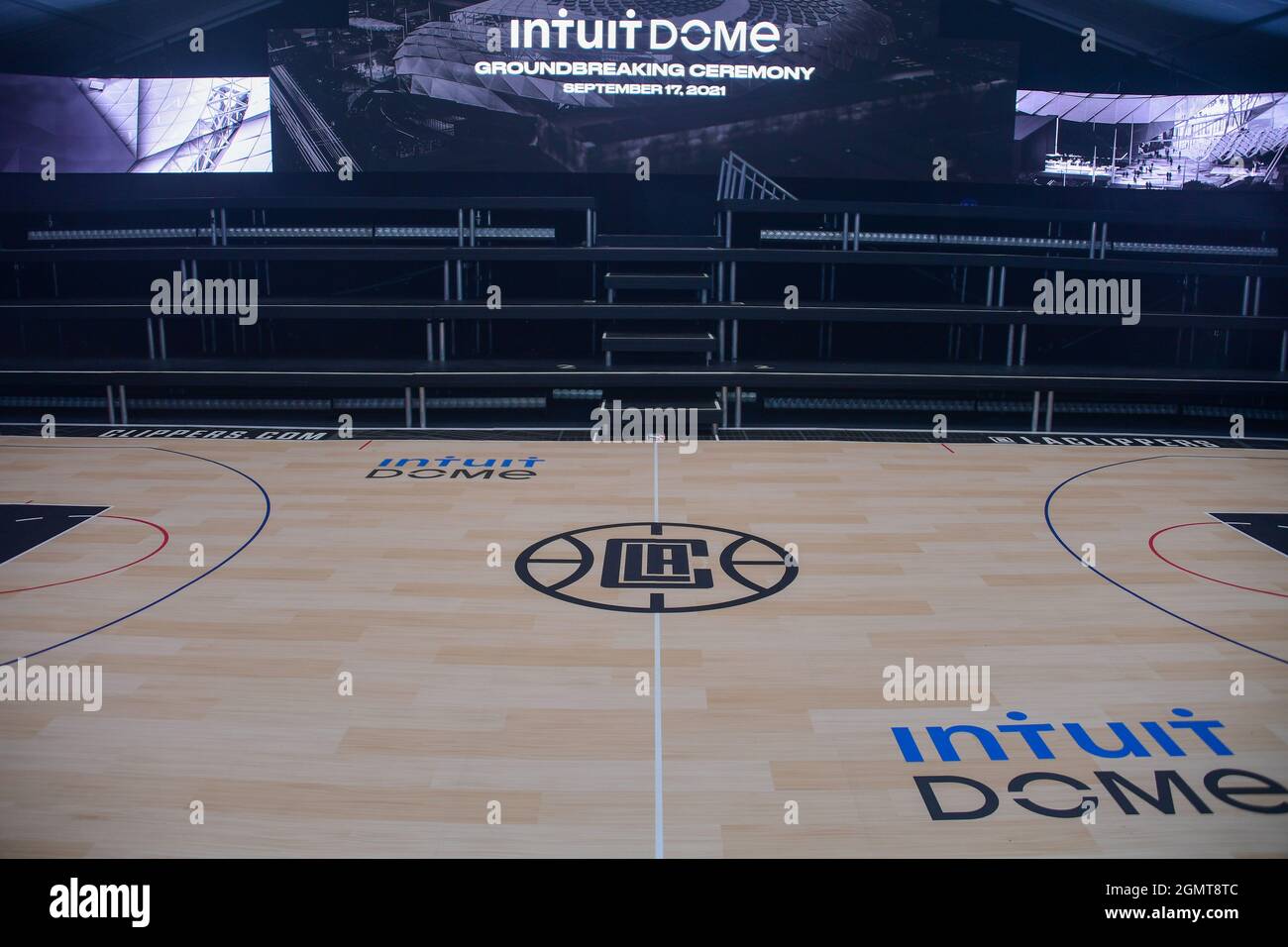 General overall view of the basketball court that acted as a stage ...