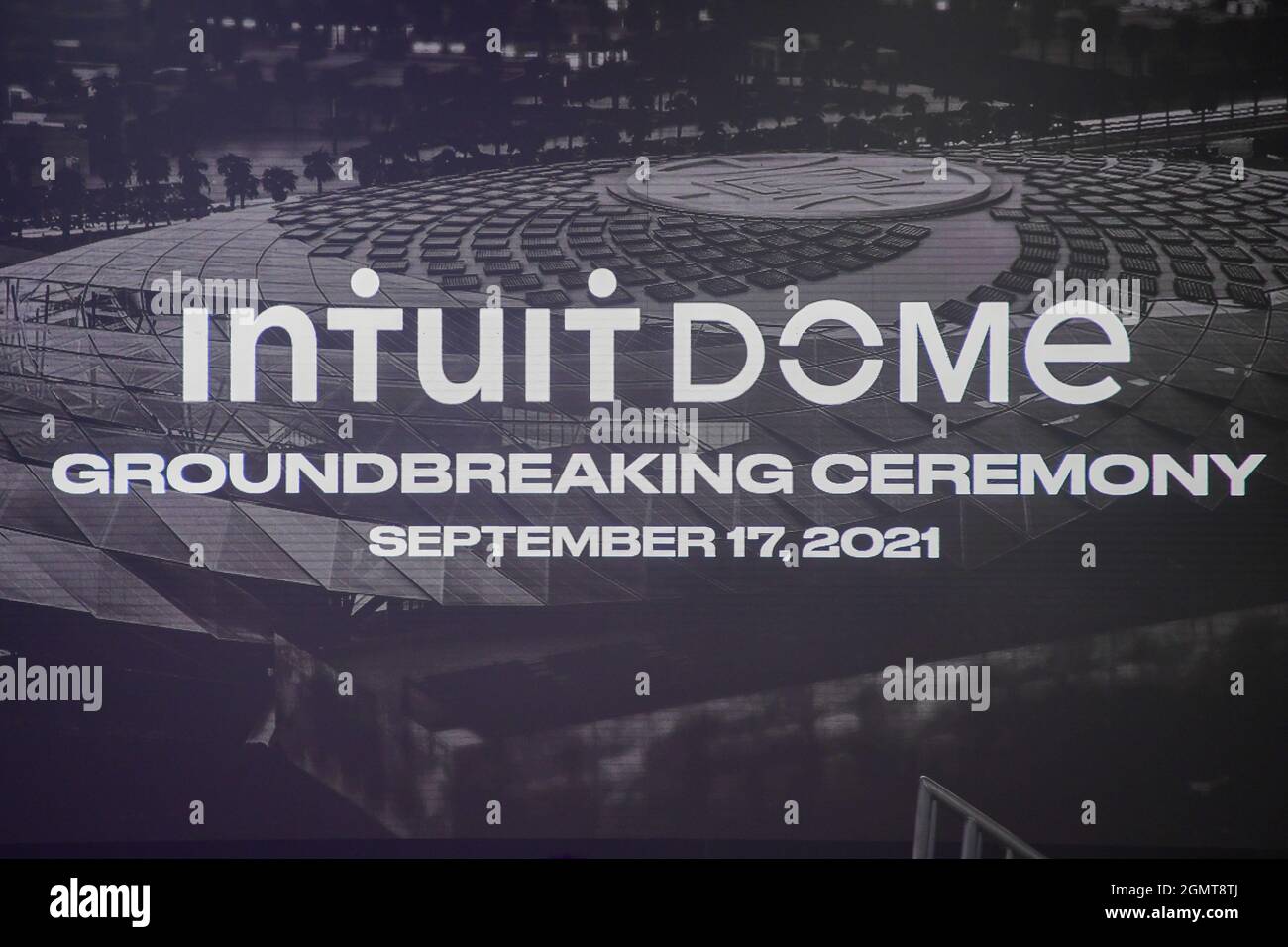 General overall view of Intuit Dome signage during a groundbreaking ...