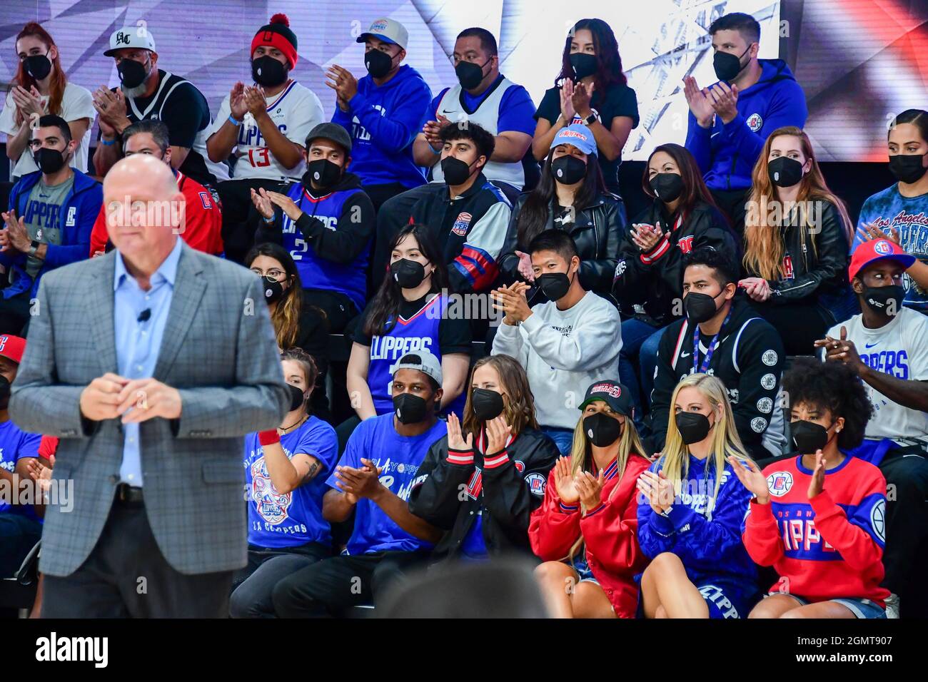 Clippers fans look on as Los Angeles Clippers owner Steve Ballmer ...