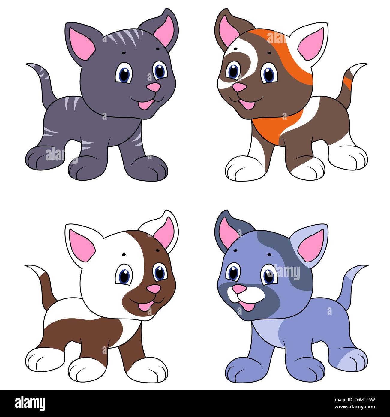 Four amusing cartoon cats isolated on white background, color image of ...